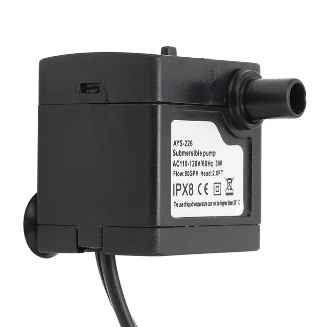MINI SUBMERSIBLE PUMP 3W 80GPH Silent With 3.3ft Hose For Fish Tank AC ...