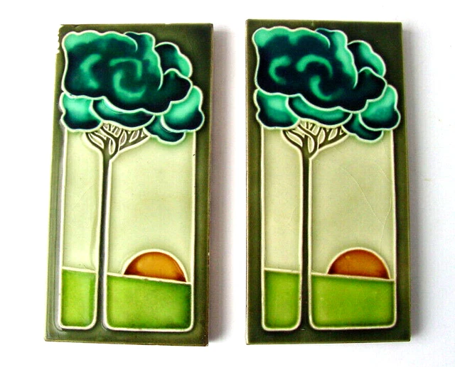 JUGENDSTIL ZWEI FLIESEN Fliese tile alte Kachel Tonwerk Offstein NSTG ...