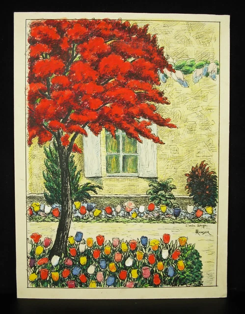 R HAUSER (?) l'arbre rouge Dessin original aquarelle encre de Chine ...