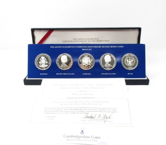 1983 SILVER PROOF Queen Elizabeth II 30th Anniversary Crown Set Box COA ...
