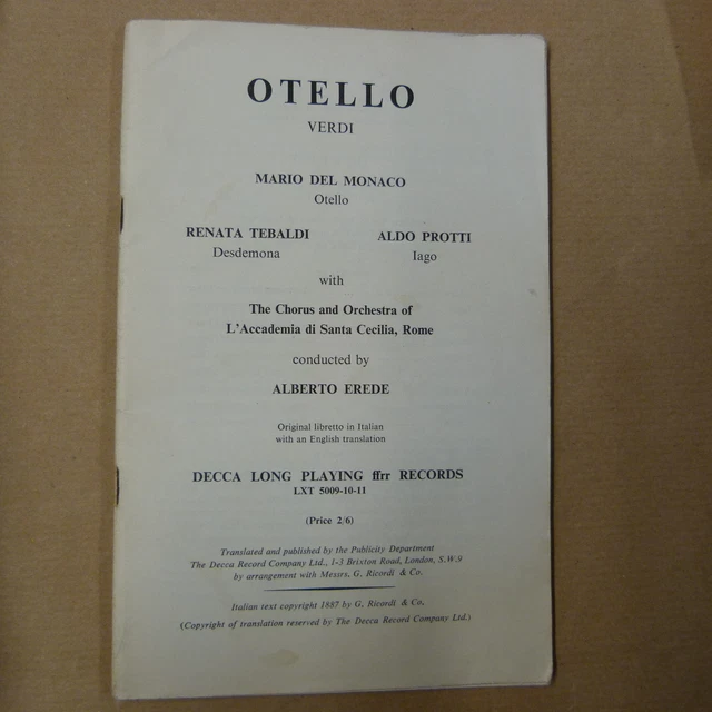 LIBRETTO VERDI OTELLO ital/engl for DECCA ffrr reco. LXT 5009-10-11 £7. ...