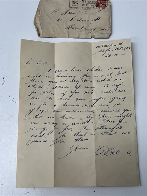 VINTAGE HANDWRITTEN SELLING Rifle Gun 1948 Stamp Envelope Letter Cancel ...