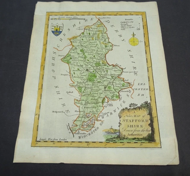 ANTICA MAPPA DELLO Staffordshire di Alexander Hogg e Thomas Conder 1784 ...