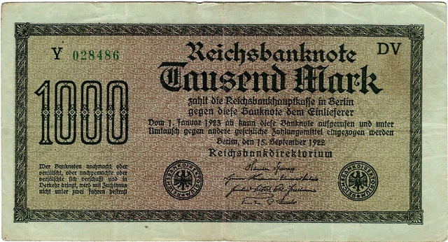 REICHSBANKNOTE 1000 MARK 1922 Berlin Reichsbank DEU-86d Ro.75q P-76g ...