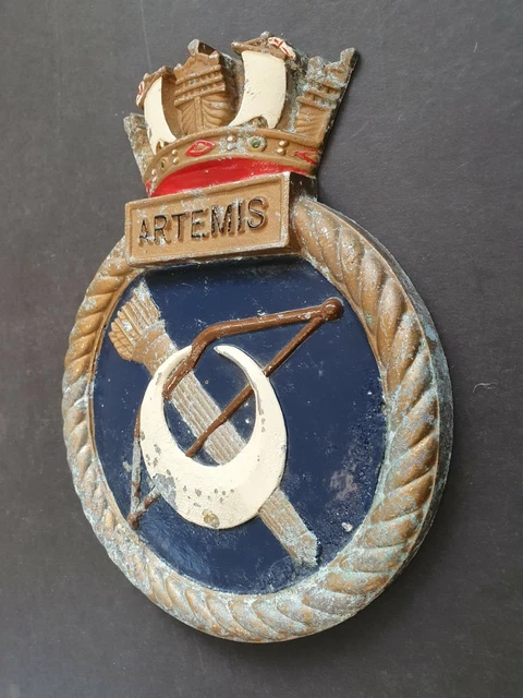 RARE VINTAGE HMS ARTEMIS LARGE METAL SHIPS CREST....ORIGINAL... 9 x 7 ...