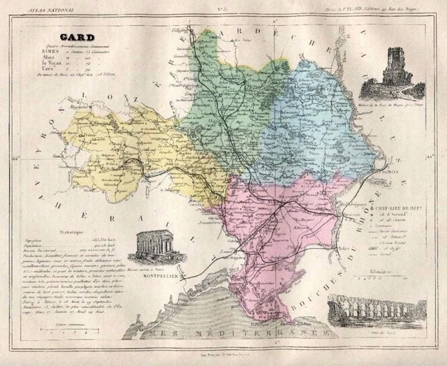 GENUINE ORIGINAL ANTIQUE 1877 France Hand Colored Map GARD French ...