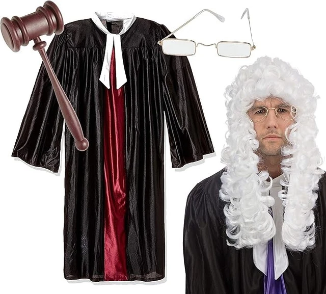MEN HIGH COURT Judge Costume Lord Baroque Wig Gown Gavel Glasses Fancy ...