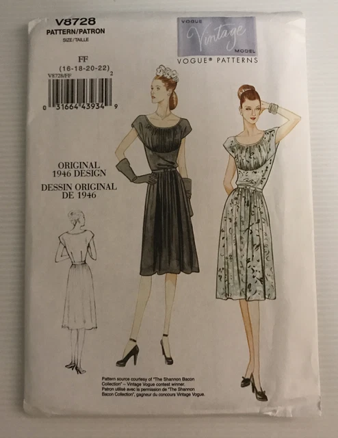 VOGUE V8728 SEWING Pattern Original 1946 Design - Retro 40s Dress Sizes ...