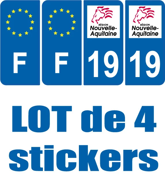 4 STICKERS LOGO Region + F Plaque Immatriculation 19 Nouvelle Aquitaine ...