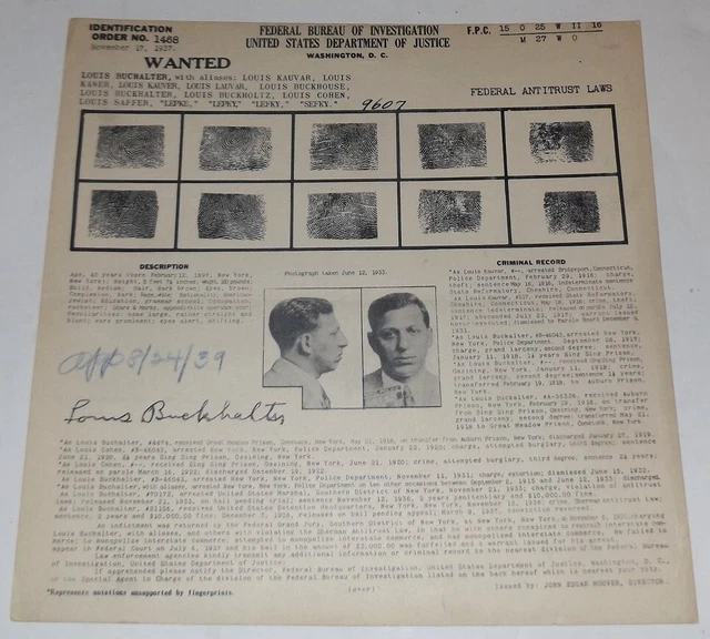 ORIGINAL 1937 FBI Wanted Poster LOUIS LEPKE BUCHALTER Murder Inc New ...