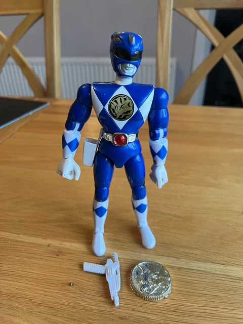 POWER RANGERS MIGHTY Morphin Blue 8" Ranger complete Blaster gun + coin ...