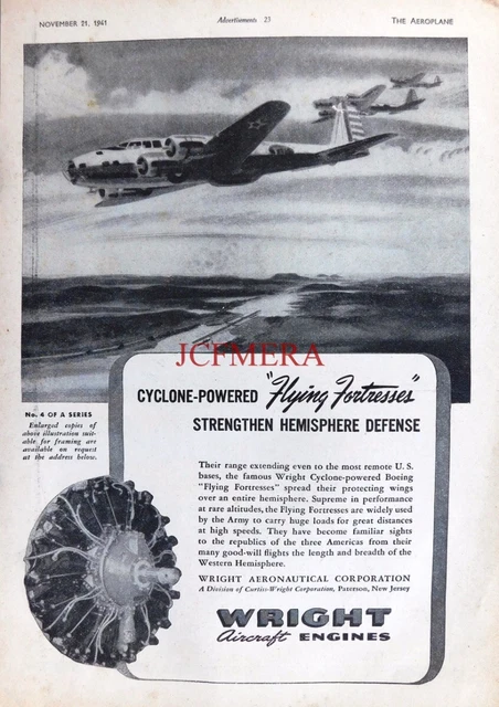 WRIGHT CYCLONE AERO Engine 'Flying Fortress' ADVERT Original WW2 Print ...