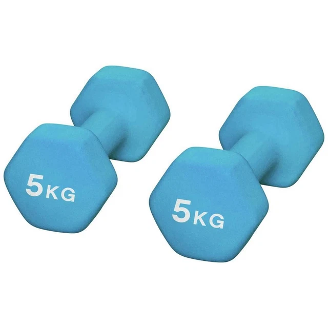 OPTI NEOPRENE DUMBBELL Set 2 x 5kg Ergonomic Grip Anti-Roll Gym Weights ...