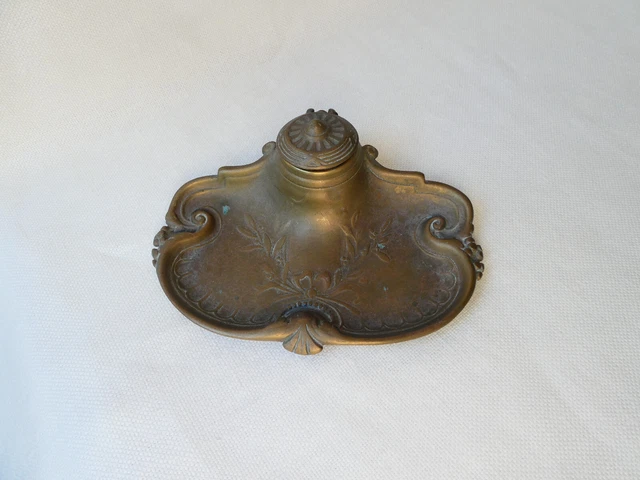 ANTIQUE ALL ORIGINAL Brass Inkwell & Pen Tray & Ceramic Ink Pot ...