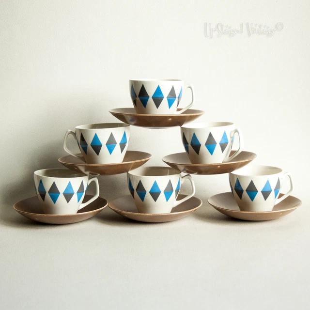 VINTAGE RETRO 1962 Empire Porcelain 6 x CHECKMATE Tea Cups & Saucers ...