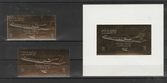 1969 AUSLASSDURCHMESSER AL Qiwain Apollo 8 Gold 2 Val + Bf MNH MF55670 ...