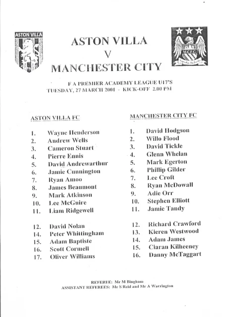 3 X ASTON Villa v Manchester City Under 17's Academy league team sheets ...