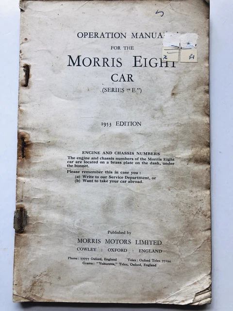 MORRIS EIGHT CAR Series E Handbook Operation Owner Manual 1953 Ed ...