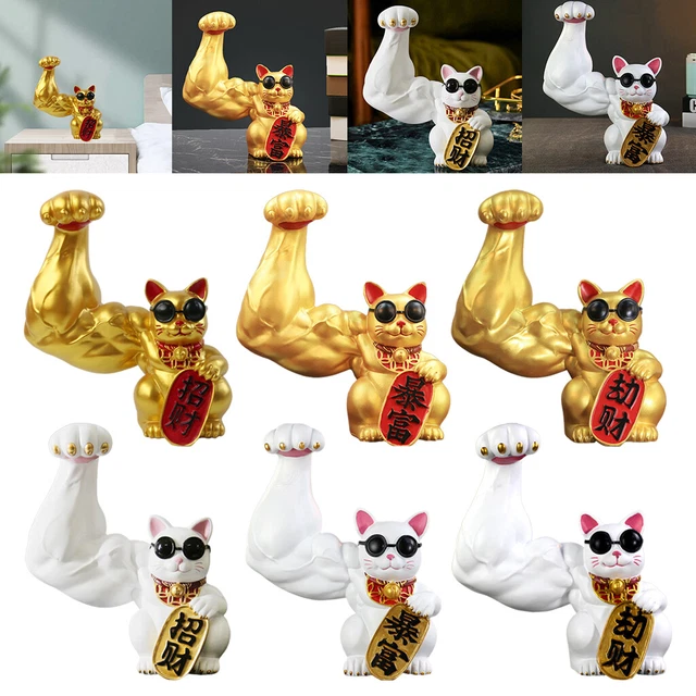 CAT FIGURINE MONEY Muscle Cat Figurine Sculptures Resin Fengshui Statue ...