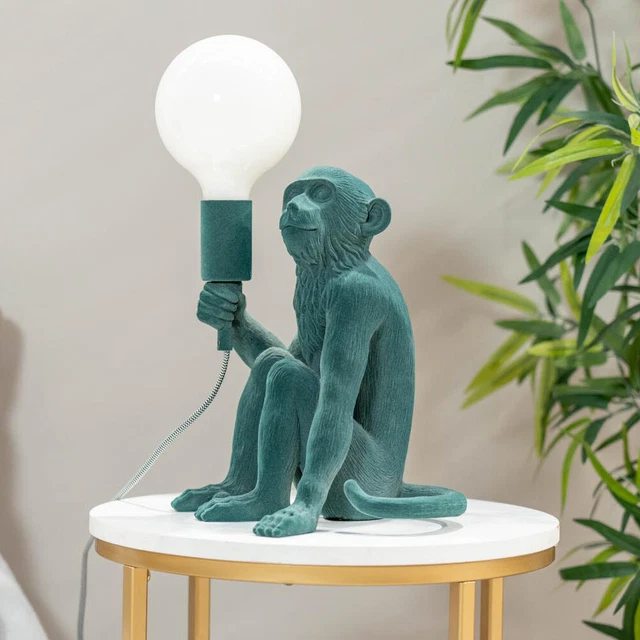 DARK GREEN VELVET Monkey Table Lamp Giant Filament Globe Light Bulb ...