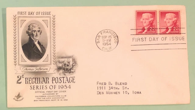 SC 1033 2C 1954 Thomas Jefferson Regular Issue FDC Art Craft Cachet £1. ...