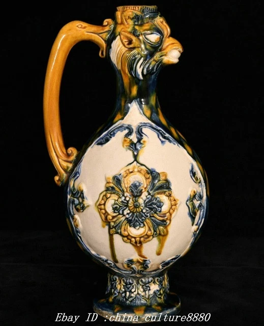 ANTIQUE CHINA TANG Porcelain Tricolor Fengbird Portable Head Pot Teapot ...