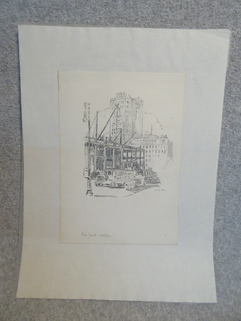 1922 HAL ROSS PERRIGARD Original PENCIL DRAWING NYC STREET SCENE w ...