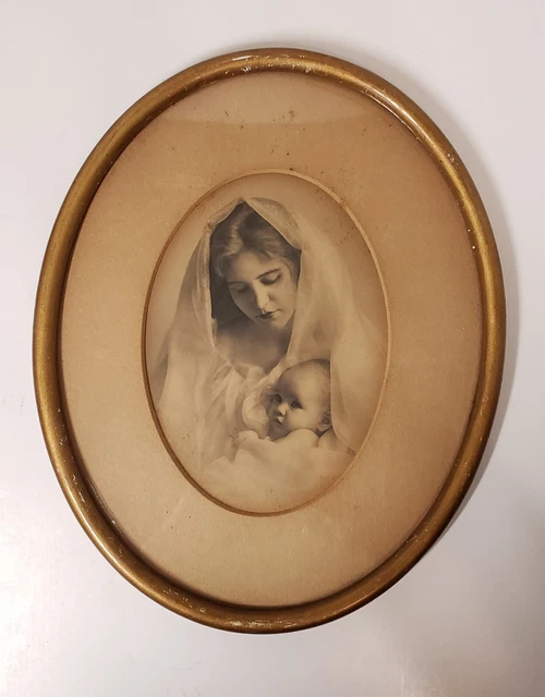 discounted stores Antique Mother Madonna Child Lithograph Framed Oval ...