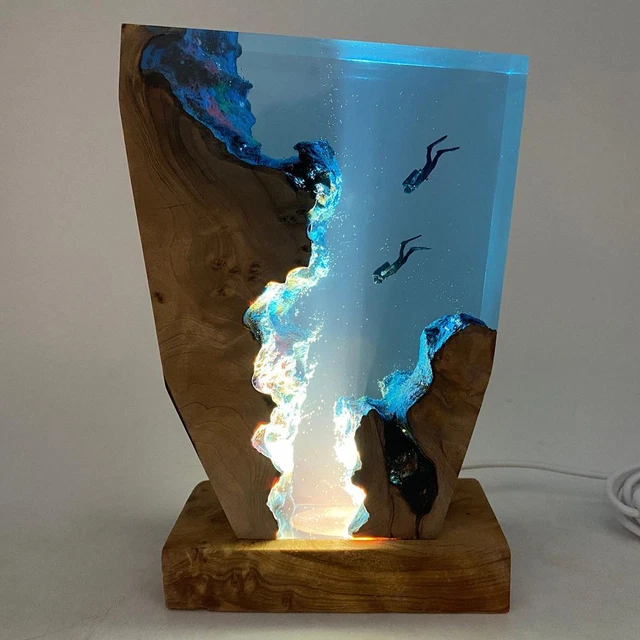 NEW DIVER SHIP Night Light Epoxy Resin LED Lamp Wood Base Home Decor ...