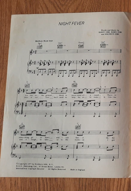 BEE GEES NIGHT Fever Piano Sheet Music Saturday Night Fever 1977 £6.97 ...