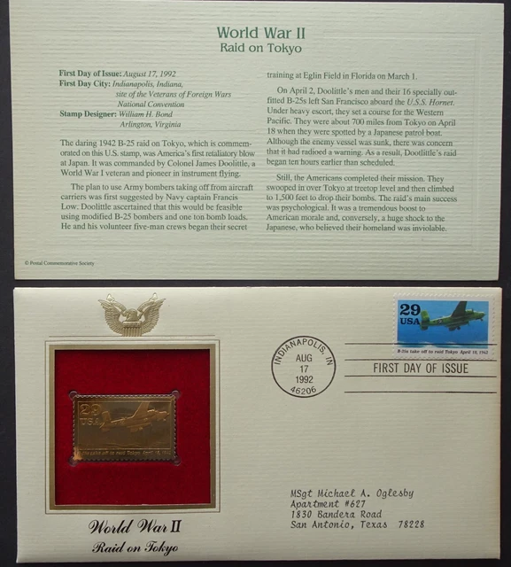 USA WWII RAID on Tokyo 22kt Gold plated replica stamp & first day cover ...