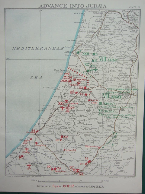 1918 WW1 MAP EGYPTIAN EXPEDITIONARY FORCE ~ ADVANCE INTO JUDEA 6pm 14 ...