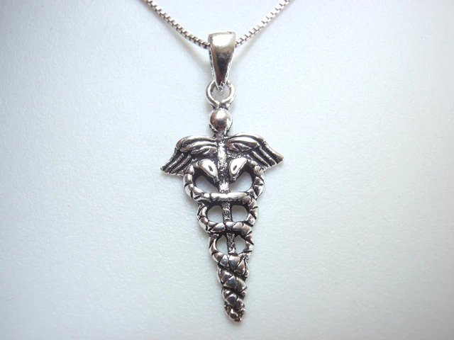 MEDICAL SYMBOL CADUCEUS Necklace Sterling Silver 2 Snakes Wings doctor ...
