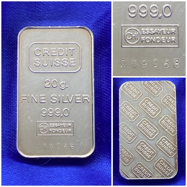 LINGOT ARGENT 999 Bank Credit Suisse 20 gr Silver Bar Vintage Invest ...