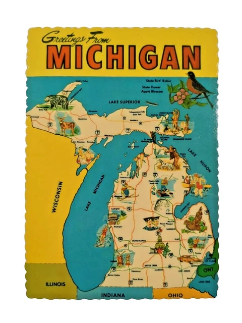 MICHIGAN MAP MI Landmarks Attractions Symbols and Mottos Large Letter ...