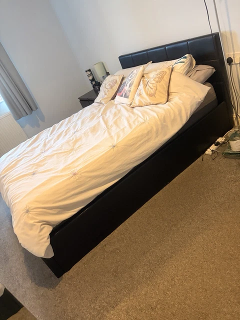 BLACK FAUX LEATHER Double Bed Frame,Wooden Slats,Lift Up For Underneath ...