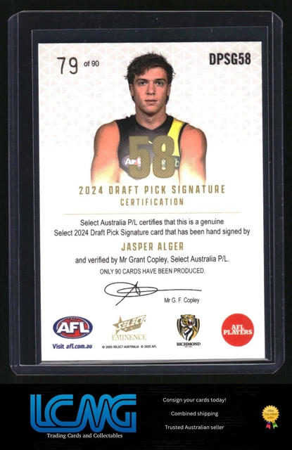 2025 SELECT AFL Eminence - Jasper Alger Draft Pick Signature Gold /90 ...