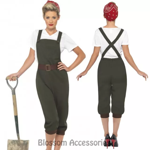 Ladies Ww2 Land Girl Fancy Dress World War 2 Wartime Outfit 1940s Army