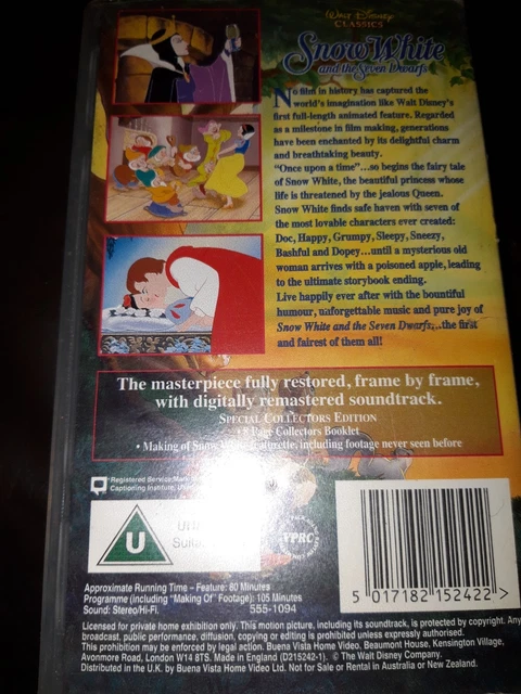 SNOW WHITE AND the Seven Dwarfs VHS Video Walt Disney Classics £5.43 ...