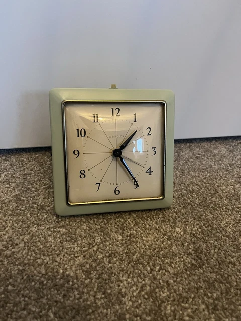 VINTAGE GREEN WIND Up Westclox Alarm Clock Square Metal Art Deco Convex ...