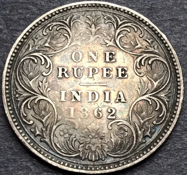 BRITISH COLONIAL INDIA 1862 Queen Victoria ~ Silver Rupee Coin ~ Toned ...