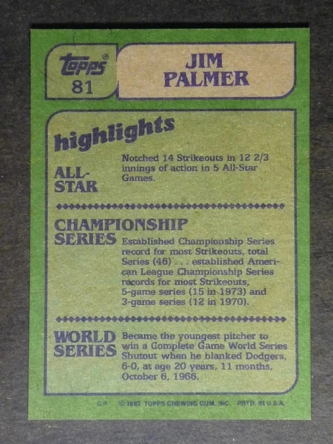 1982 TOPPS JIM Palmer in Action #81 NM/MT OR BETTER 002 EUR 2,80 ...
