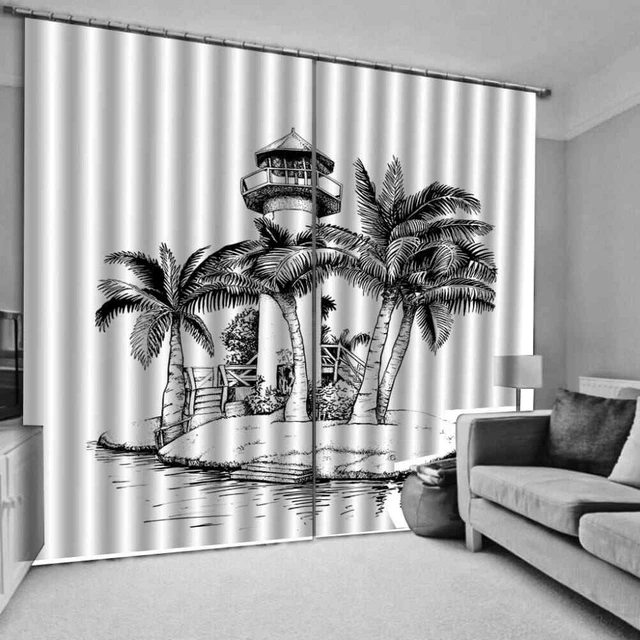 Island Coconut Tree Printing 3d Blockout Curtains Fabric Window Home