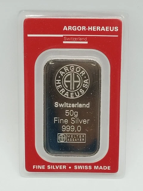 50-GRAM SILVER BULLION Bar (999) Swiss ASSAY Argor-Heraeus £148.63 ...