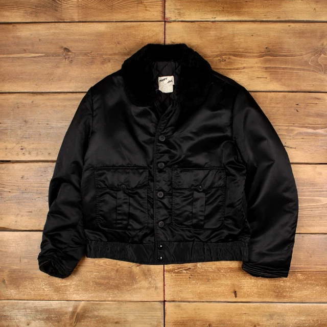VINTAGE TUFFY JAC Bomber Jacket M 70s Sherpa Collar Satin Satin Black £ ...