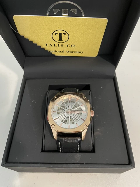 TALIS CO 9185 Automatic Skeleton Watch Gold Bezel White Dial Black ...
