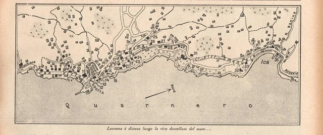 STAMPA ANTICA LAURANA LOVRAN mappa schematica Istria Croazia 1933 ...