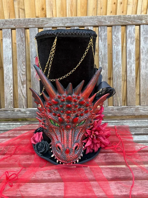 STUNNING DRAGON INSPIRED 14" TALL Top Hat 60cm Black Red Veil Chain ...
