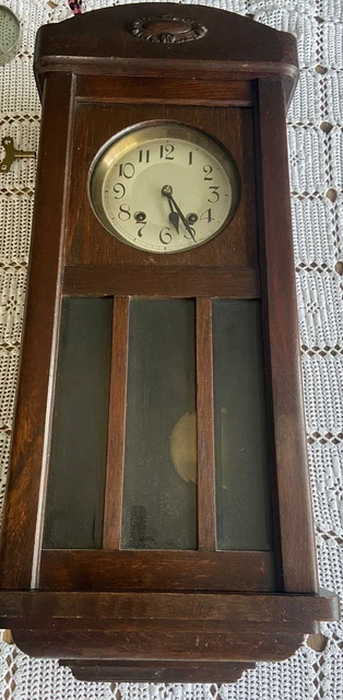 ANTIQUE WOODEN CASED Wall Clock Isgus Movement 32 x 13.5 x 7.5" . Key ...