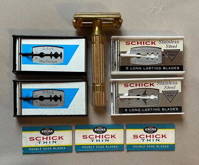 VINTAGE GILLETTE GOLD Tone Color Aristocrat Safety Razor with Schick ...
